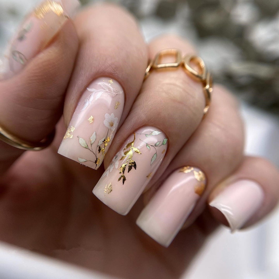 Gold Summer Flower Leaves Nail Art Stickers Gold Foil Green Leaves ...