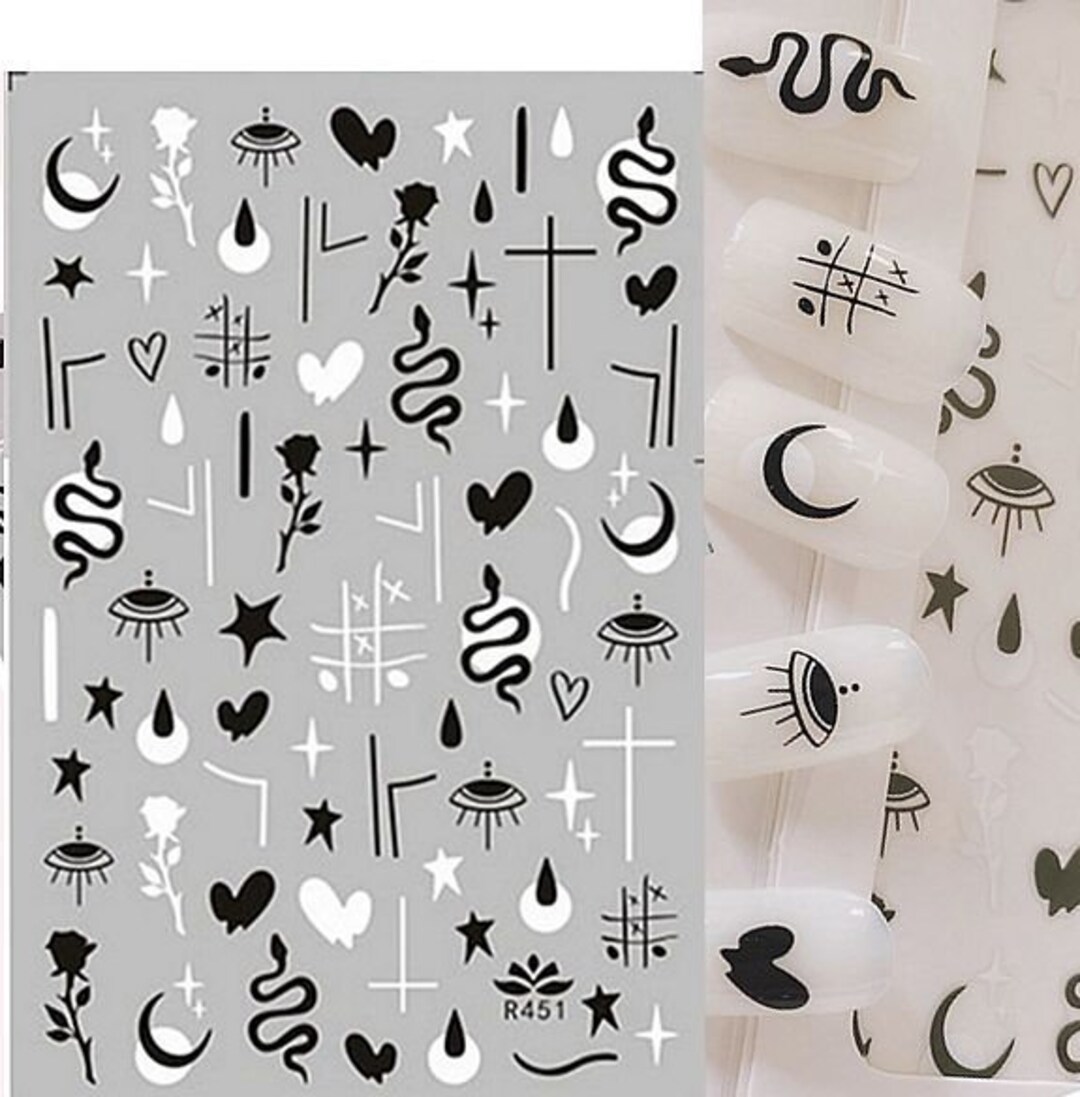 Snake Evil Eyes Abstract Nail Art Stickers Moon Star Hearts Rose Flower ...