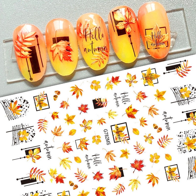 Fall Autumn Leaf Nail Art Stickers Decals Ginkgo Yellow Leaf Red Fall ...
