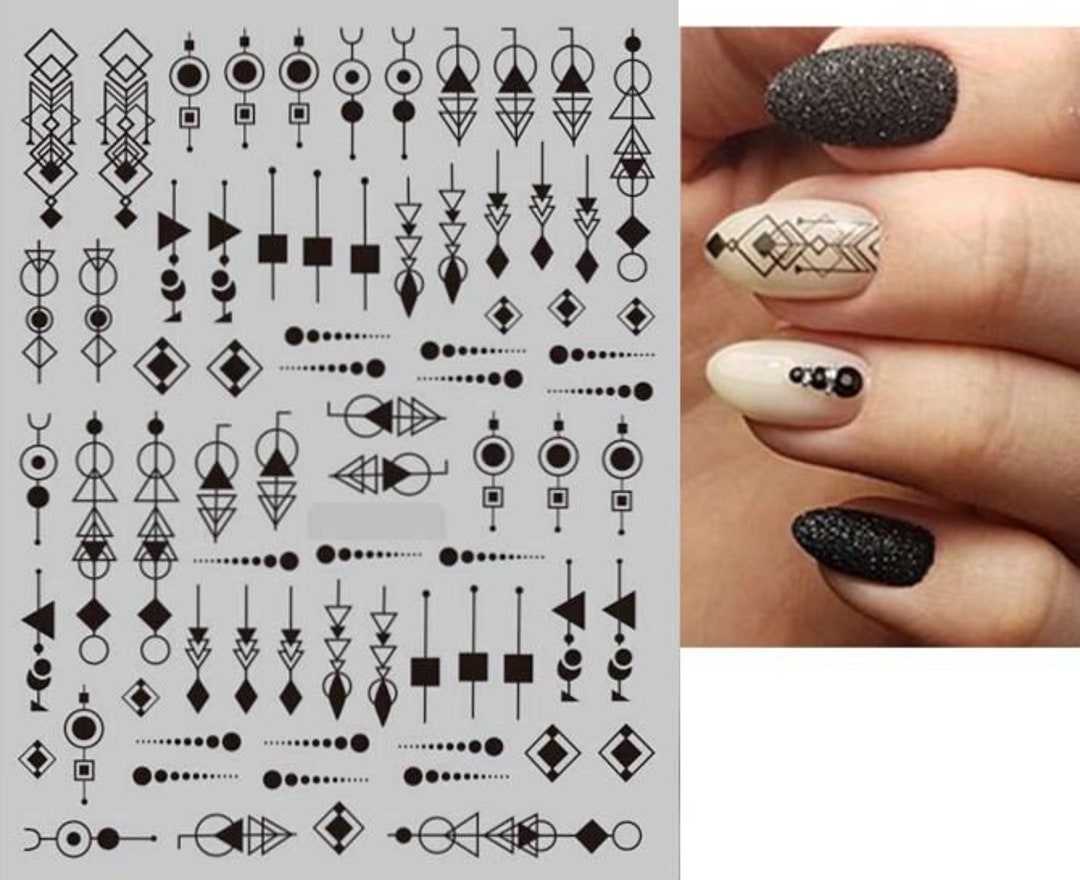 Black Geometric Nail Art Stickers Decal White Geometry Triangle Square ...