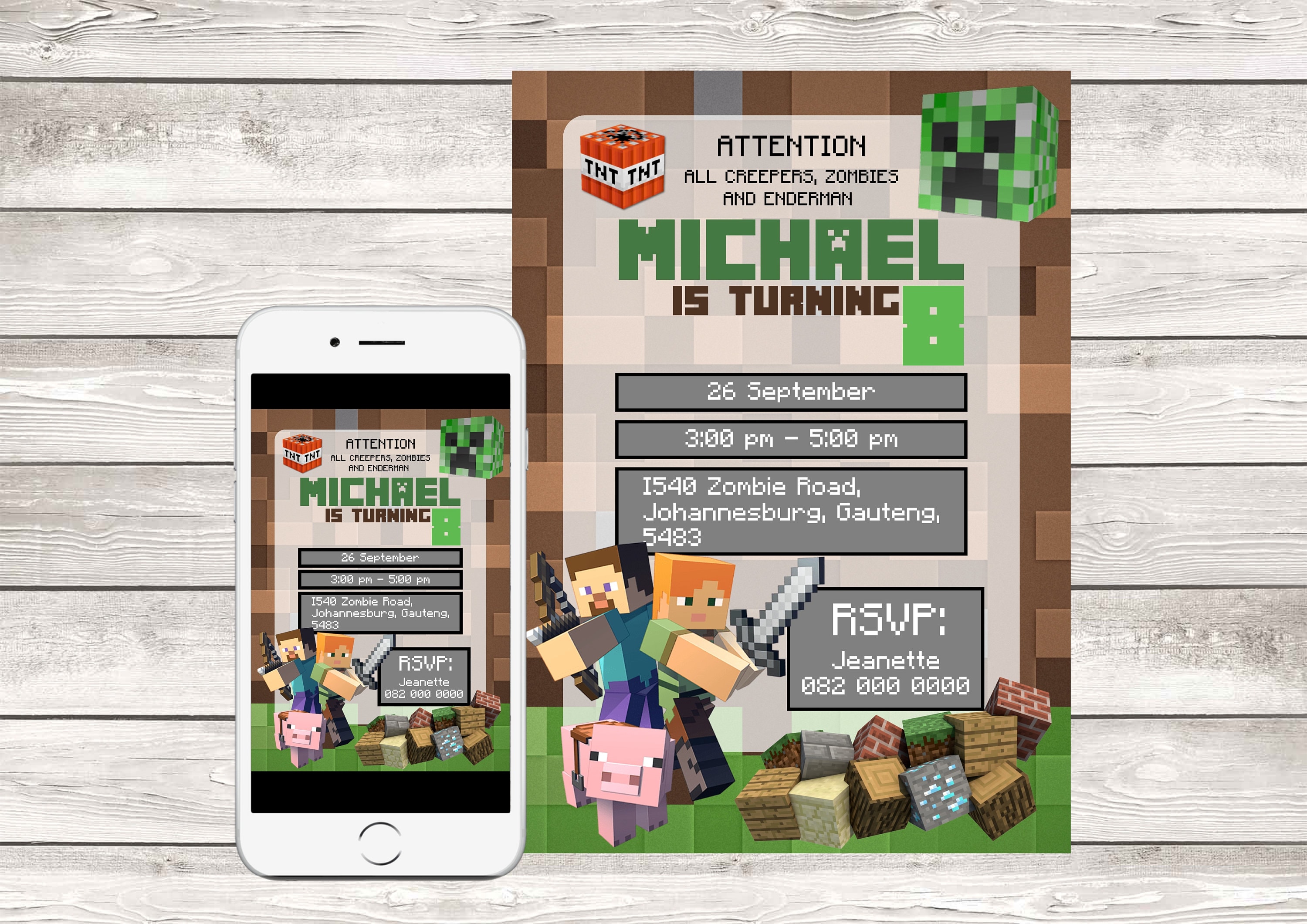 Mine Theme birthday Invitation pixel party printable invitation ...