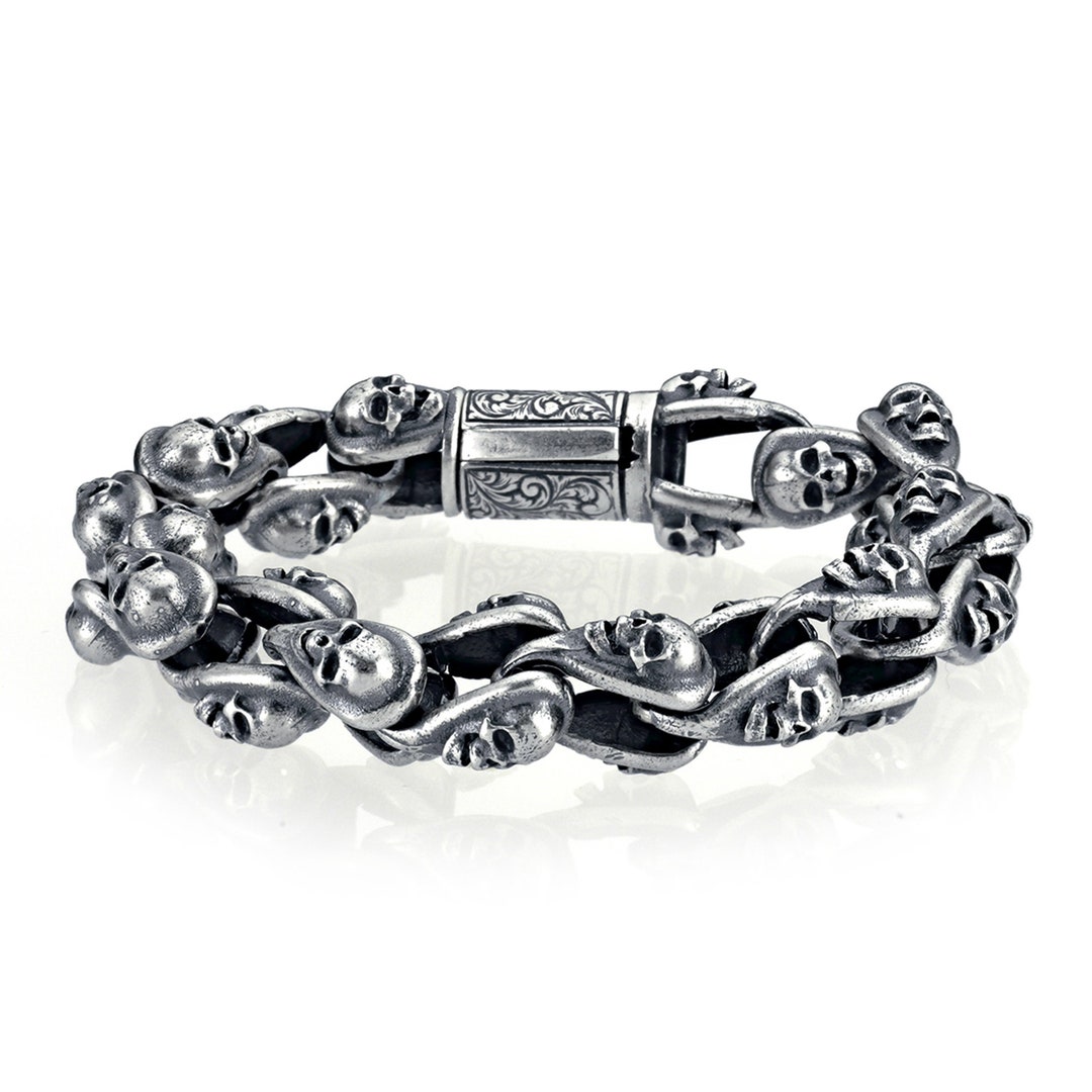 Handmade Oxidized Sterling Silver Skull Link Bracelet - Etsy