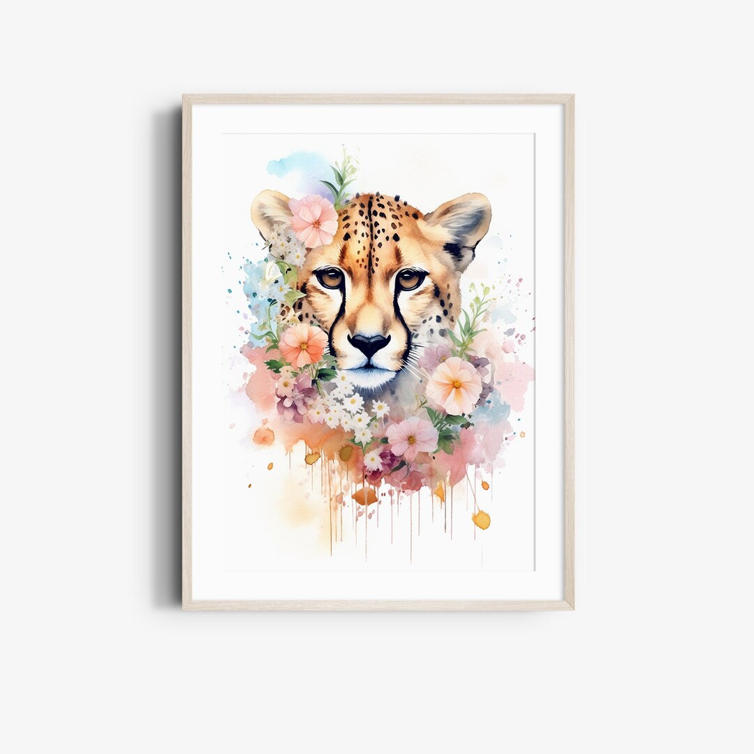 Cute Floral Cheetah Watercolor Wall Art Illustration Print Poster Card ...