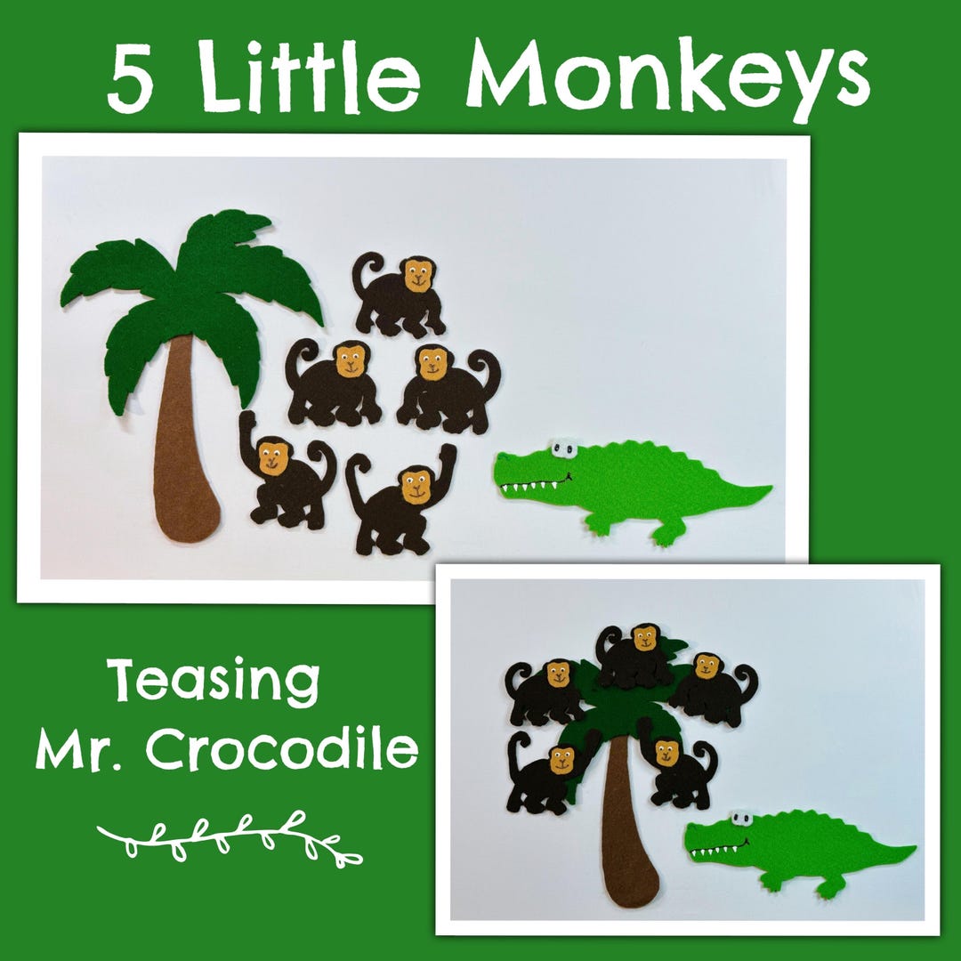 5 Little Monkeys Teasing Mr. Alligator Felt Set, Teacher Reaource, Felt ...