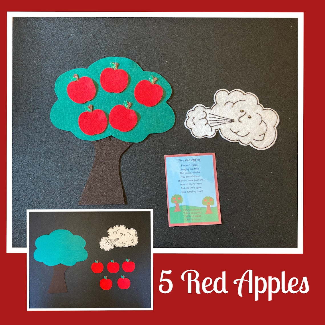 5 Red Apples//felt Board Story //felt Set // Circle Time // Preschool ...
