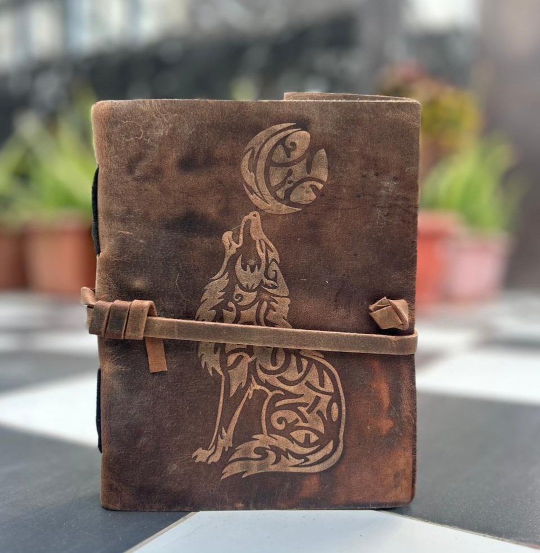 Wolf Leather Journal Embossed Bound - Writing Notebook Handmade Daily ...