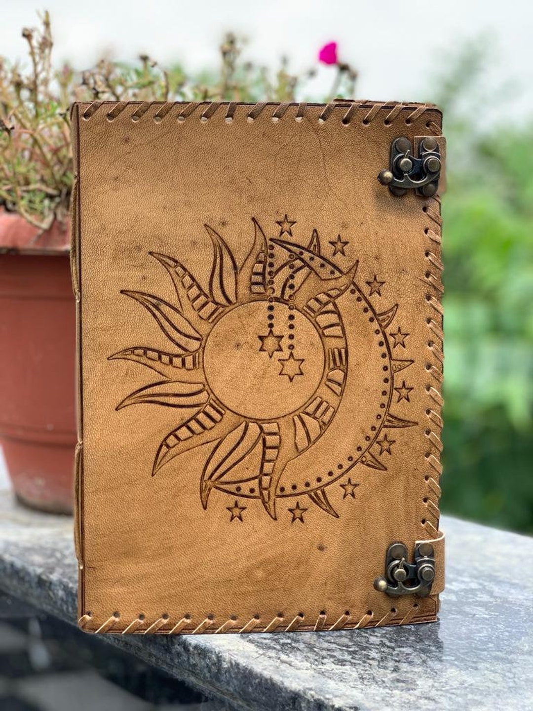 Sun & Moon Emboss Journal With Two Locks, Vintage Journal, Leather ...