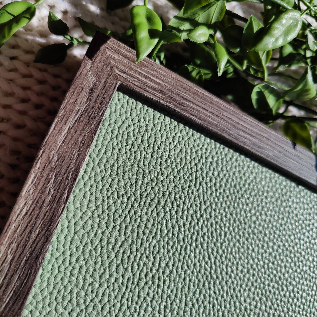 Handmade Fabric Framed Pin Board Display Sage Leather and Wood Style ...
