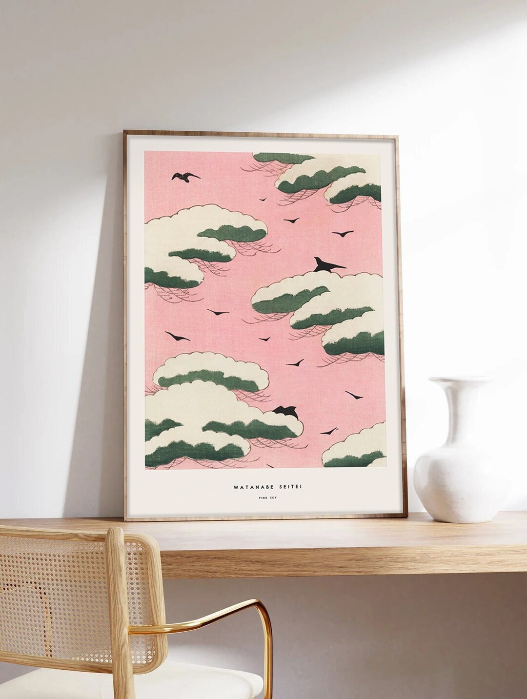 Japanese Print, Pink Sky Poster, Japan Poster, Birds in the Sky ...
