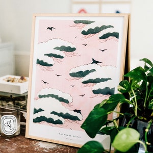 Japanese Print, Pink Sky Poster, Japan Poster, Birds in the Sky ...