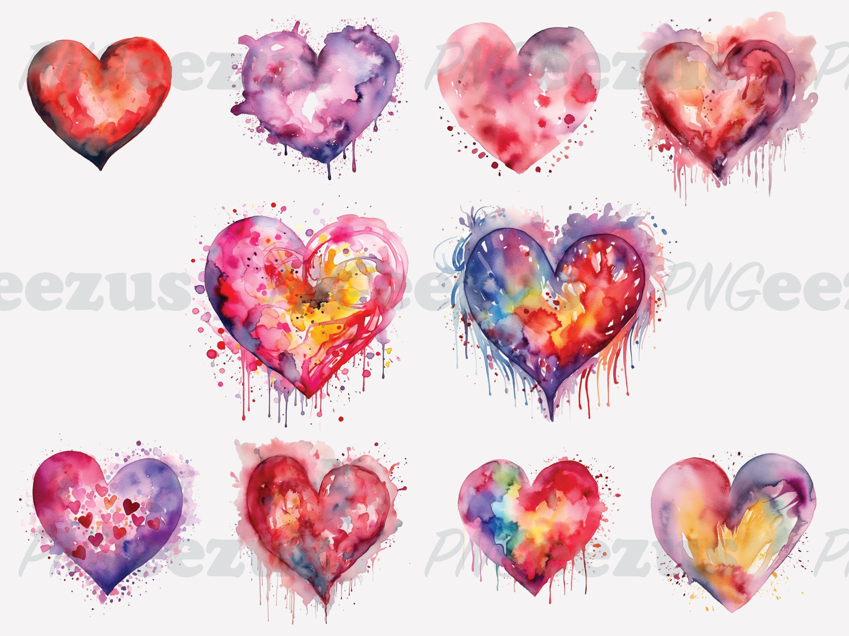 10 Water Color Hearts Bundle, Watercolor Heart PNG, Watercolor Heart ...