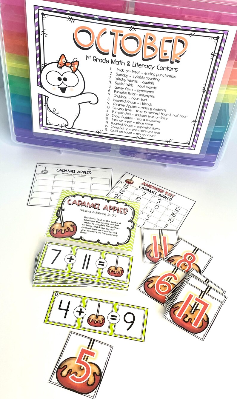 1st Grade Halloween Math and Reading Literacy Task Boxes Games Centers ...