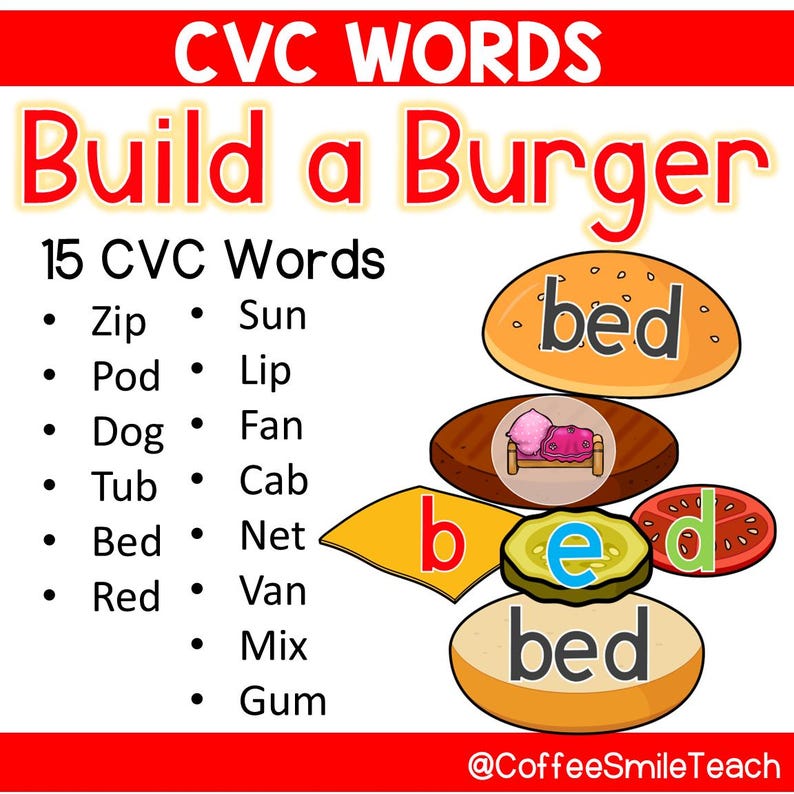 Printable CVC Word Building Spelling Build a Burger Phonics Game ...