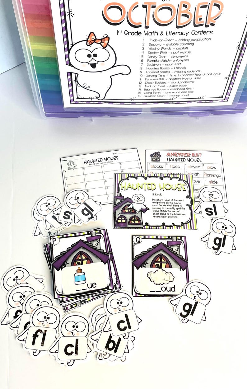 1st Grade Halloween Math and Literacy Centers Task Boxes Classroom ...