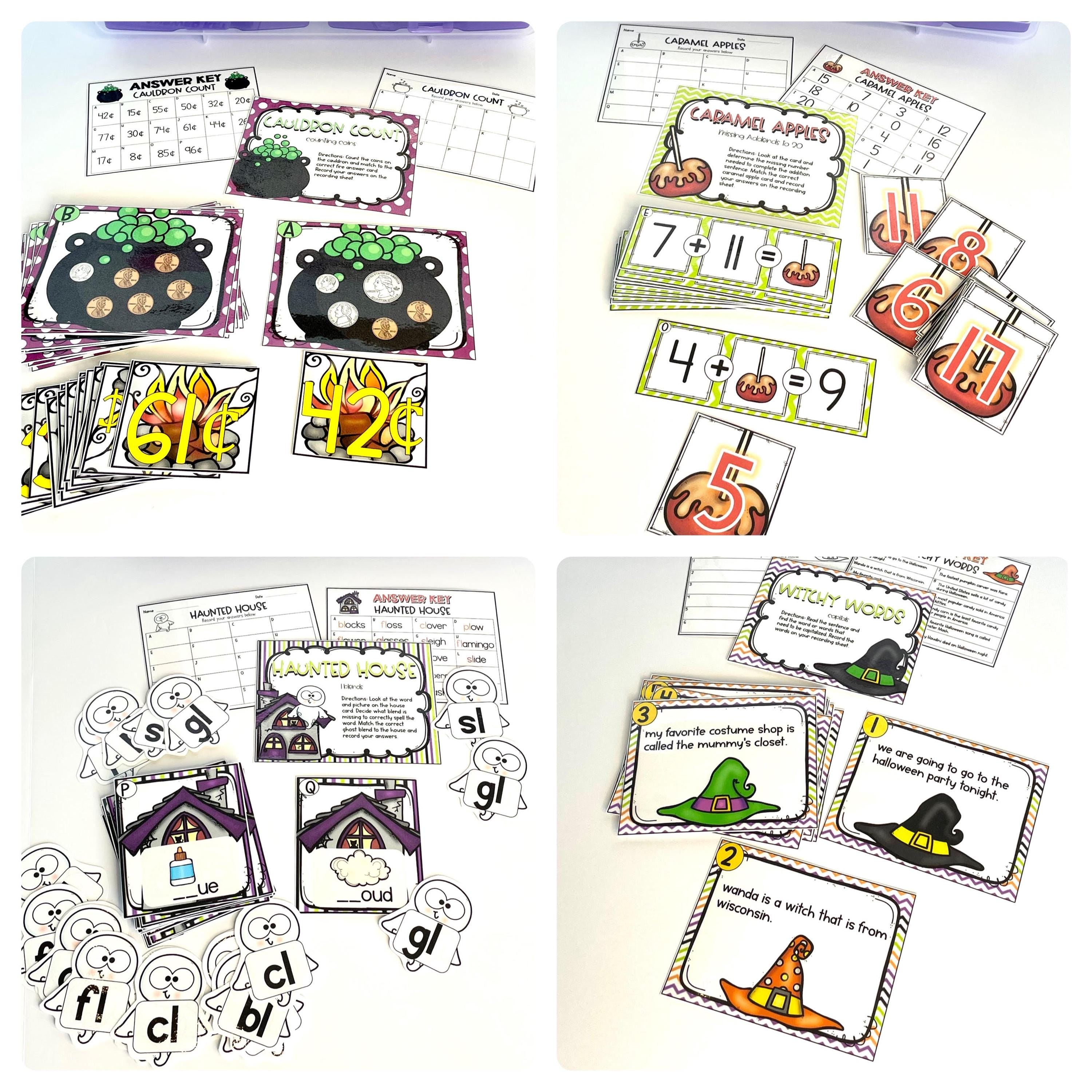 1st Grade Halloween Math and Reading Literacy Task Boxes Games Centers ...