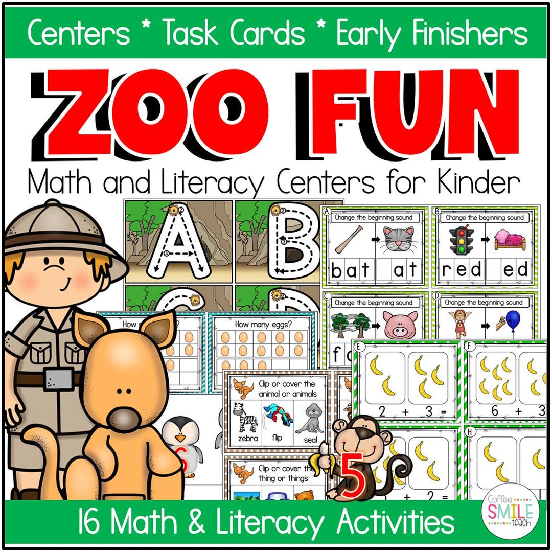 Kindergarten Zoo Animals Math Literacy Centers Task Box Learning ...