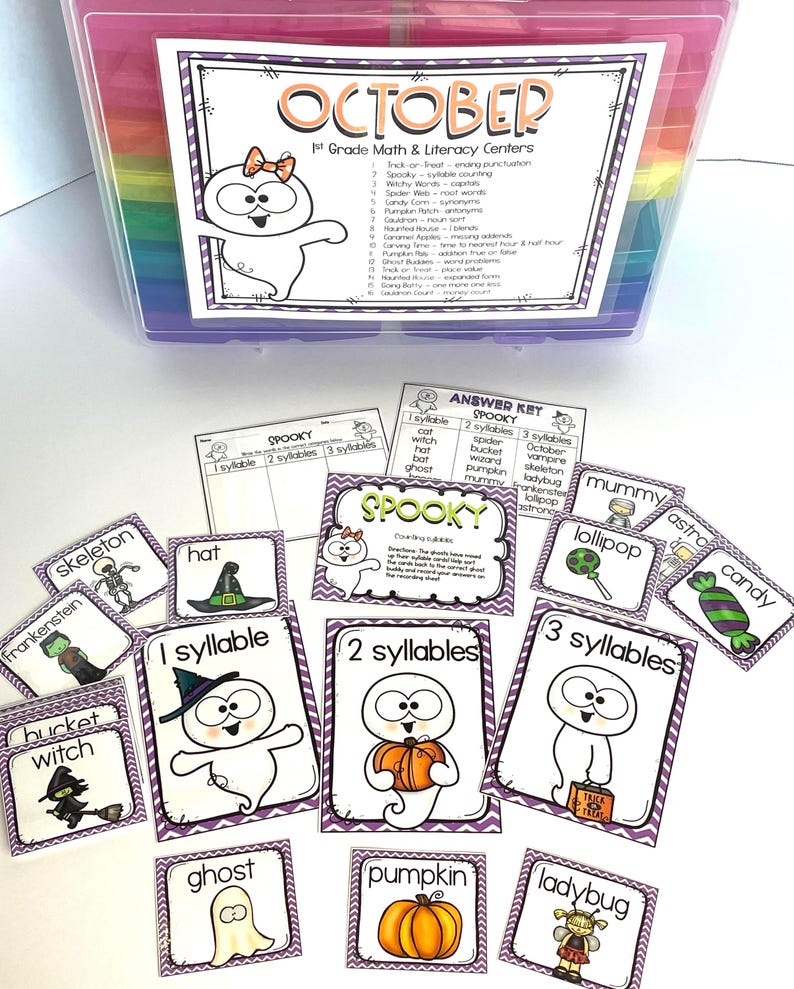 1st Grade Halloween Math and Reading Literacy Task Boxes Games Centers ...