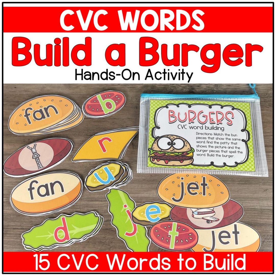 CVC Word Building Kindergarten Build a Burger Learning Center CVC Words ...