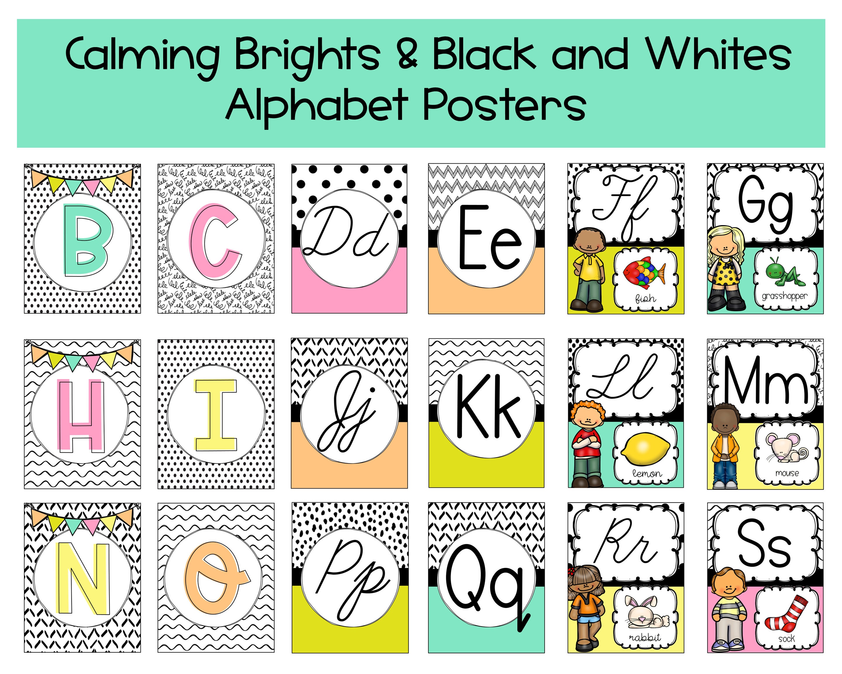 Calming Brights and Black & Whites Dots and Doodles Alphabet Posters ...
