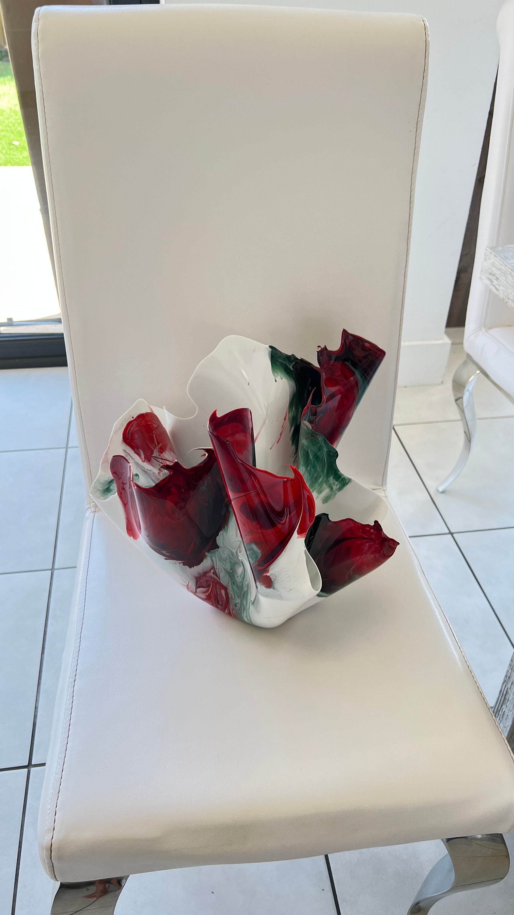 Handmade Red Rose Inspired Sculpture Bowl , White, Green Etched Leaves ...