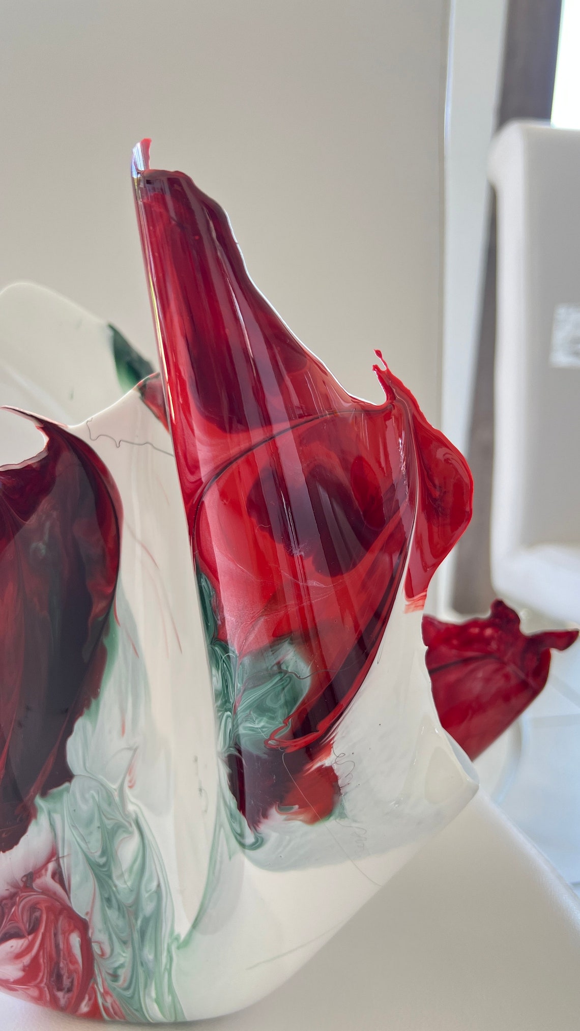 Handmade Red Rose Inspired Sculpture Bowl , White, Green Etched Leaves ...
