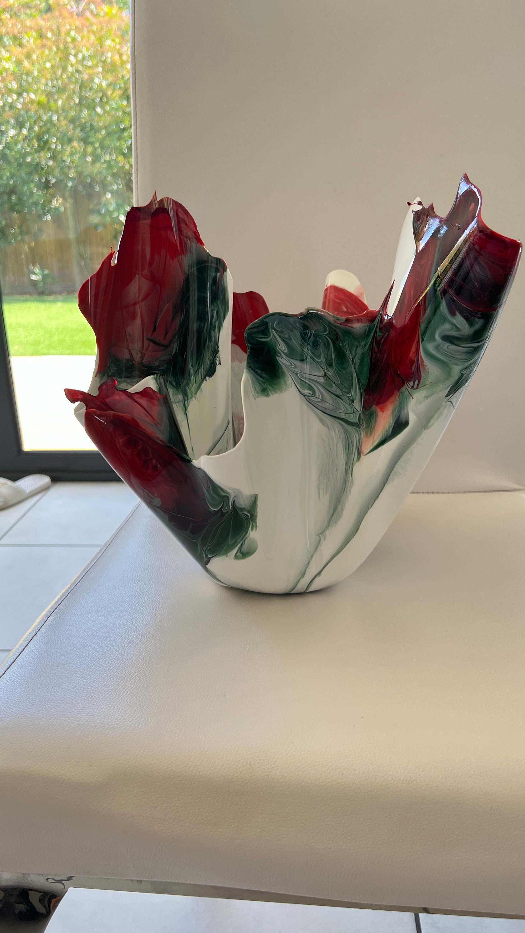 Handmade Red Rose Inspired Sculpture Bowl , White, Green Etched Leaves ...