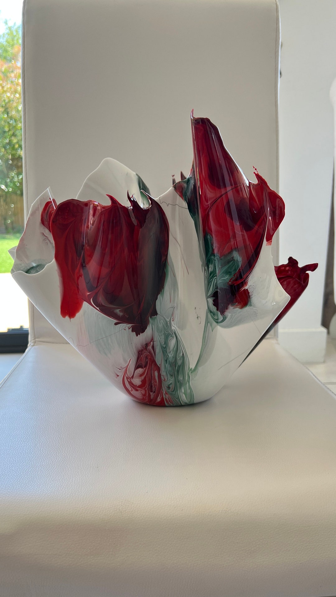 Handmade Red Rose Inspired Sculpture Bowl , White, Green Etched Leaves ...