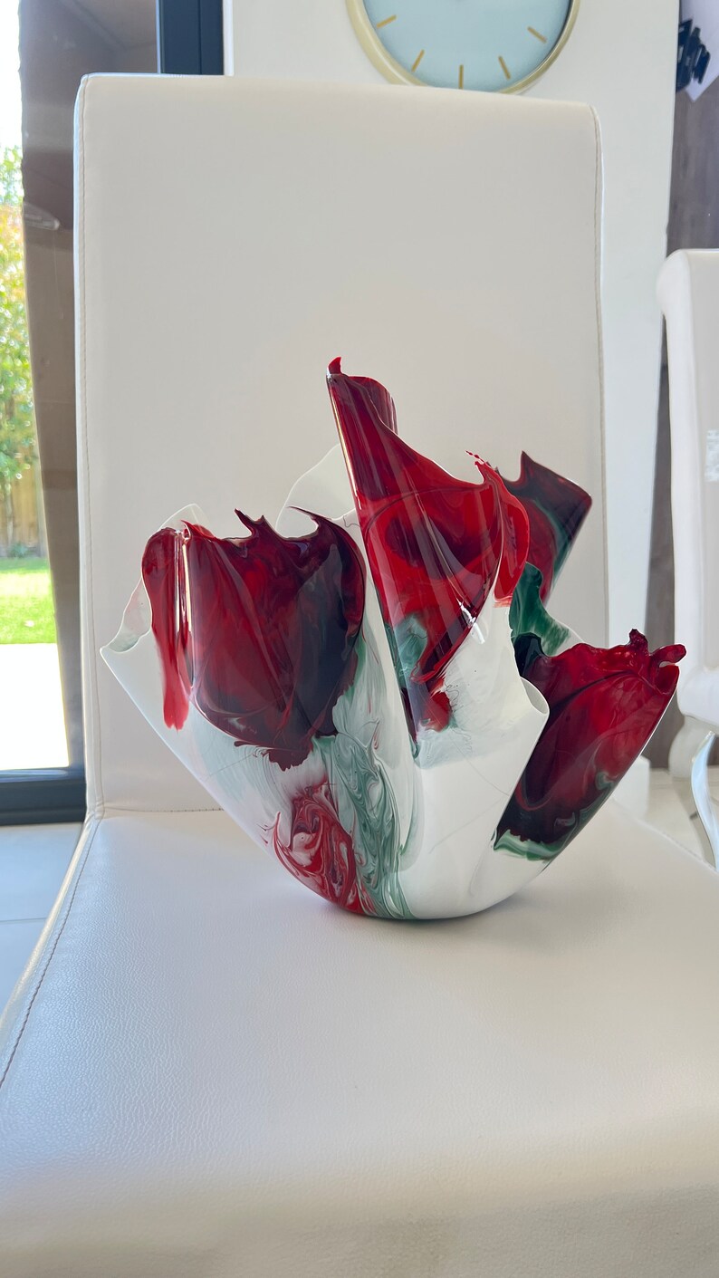 Handmade Red Rose Inspired Sculpture Bowl , White, Green Etched Leaves ...