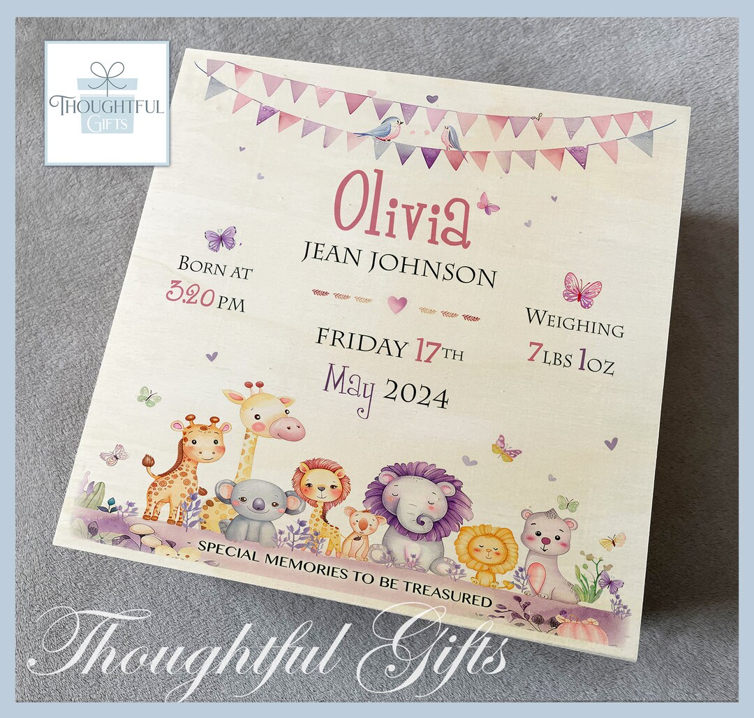 Large Safari Animal Personalised Baby Girls Pink Wooden Keepsake Box ...