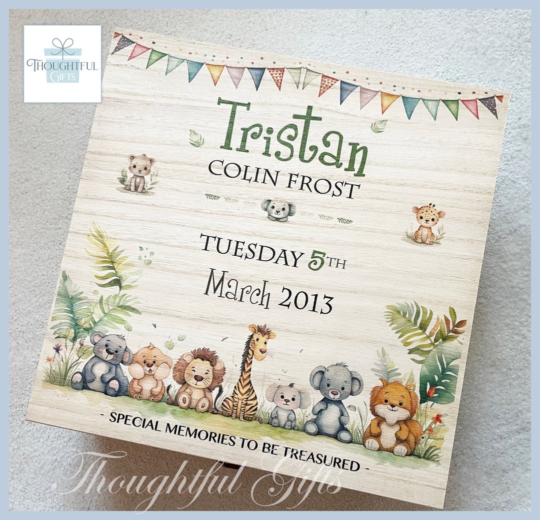 Large Safari Animal Personalised Baby Boys Girls Wooden Keepsake Box ...