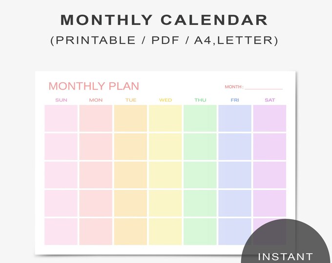 Rainbow Monthly Planner Printable Digital Colorful Cute - Etsy