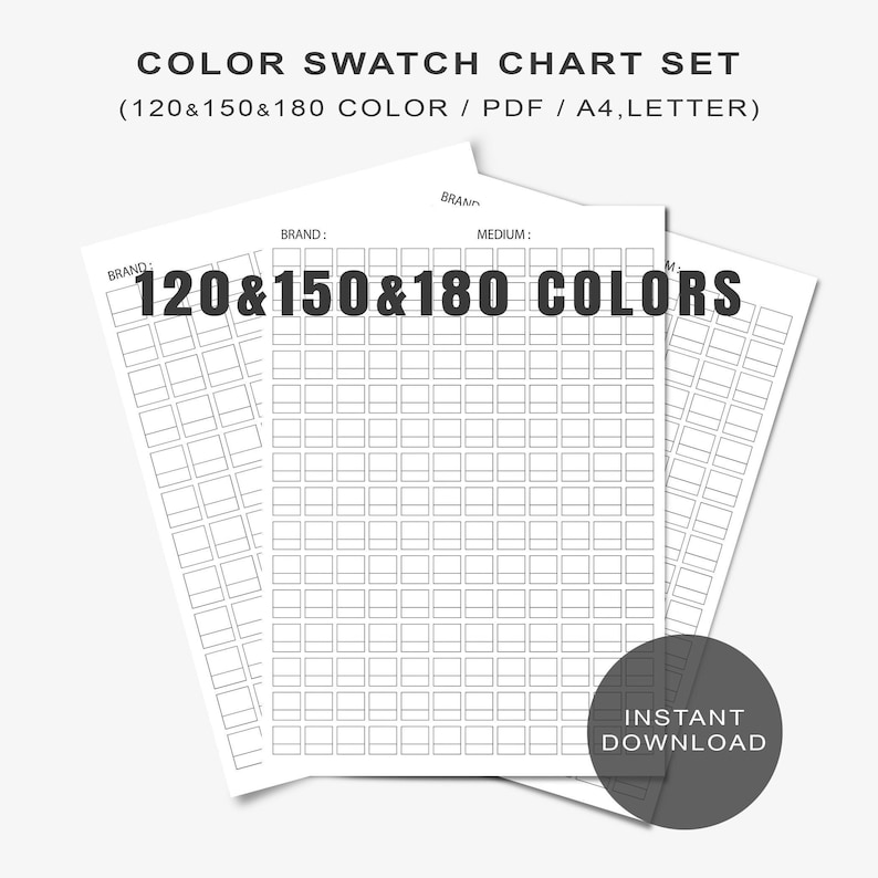 Set of 3 Color Swatch Chart Digital Printable, 180 150 120 Color Swatch ...