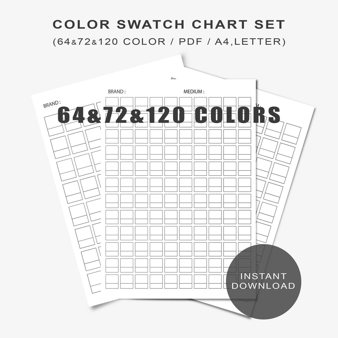 Set of 3 Color Swatch Chart Digital Printable 120 72 64 Color - Etsy
