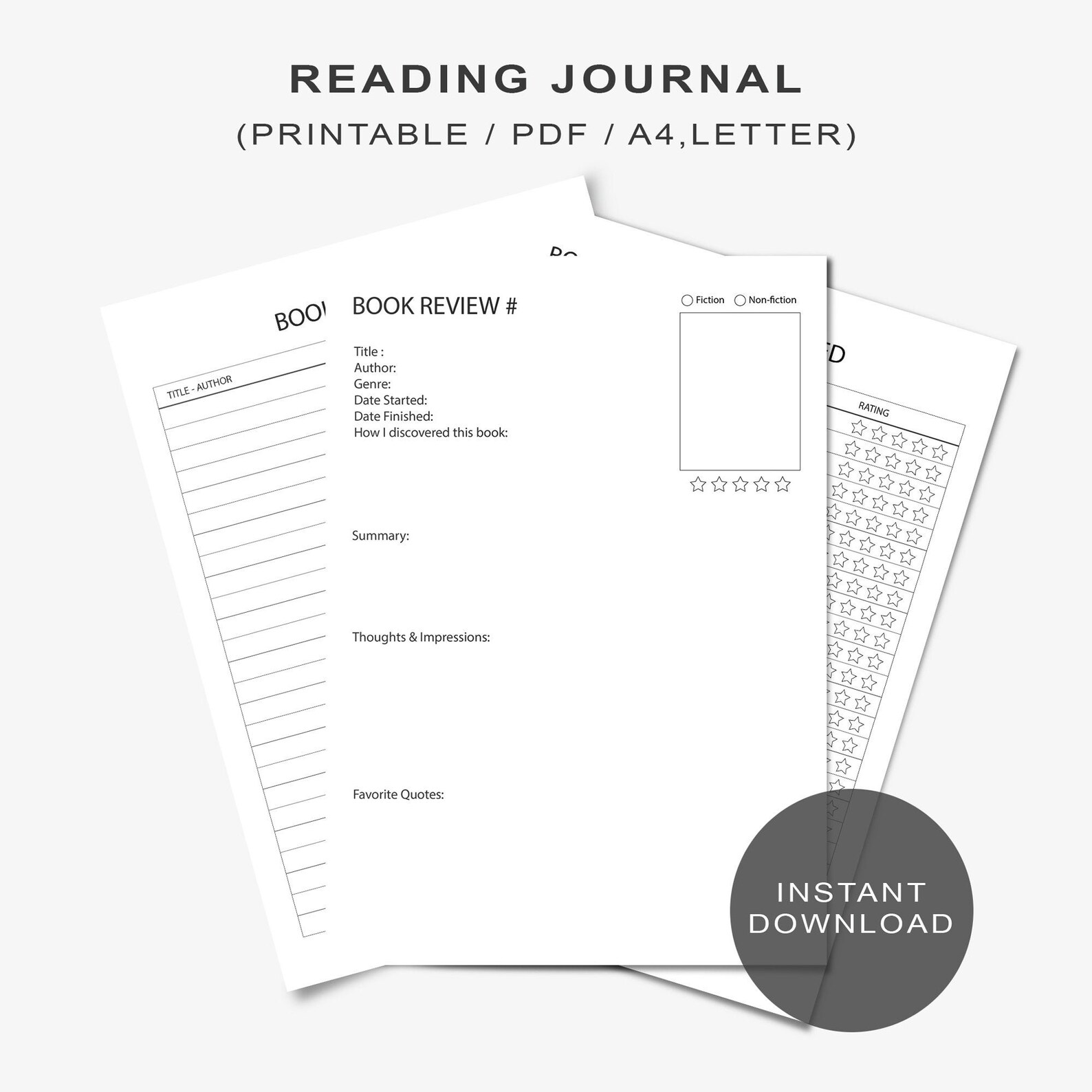 Reading Journal Printable Digital, Book Review Journal Template Page ...