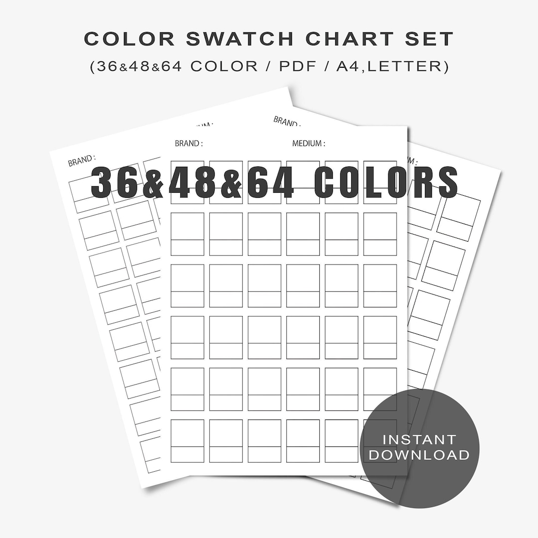 Set of 3 Color Swatch Chart Digital Printable, 64 48 36 Color Swatch ...