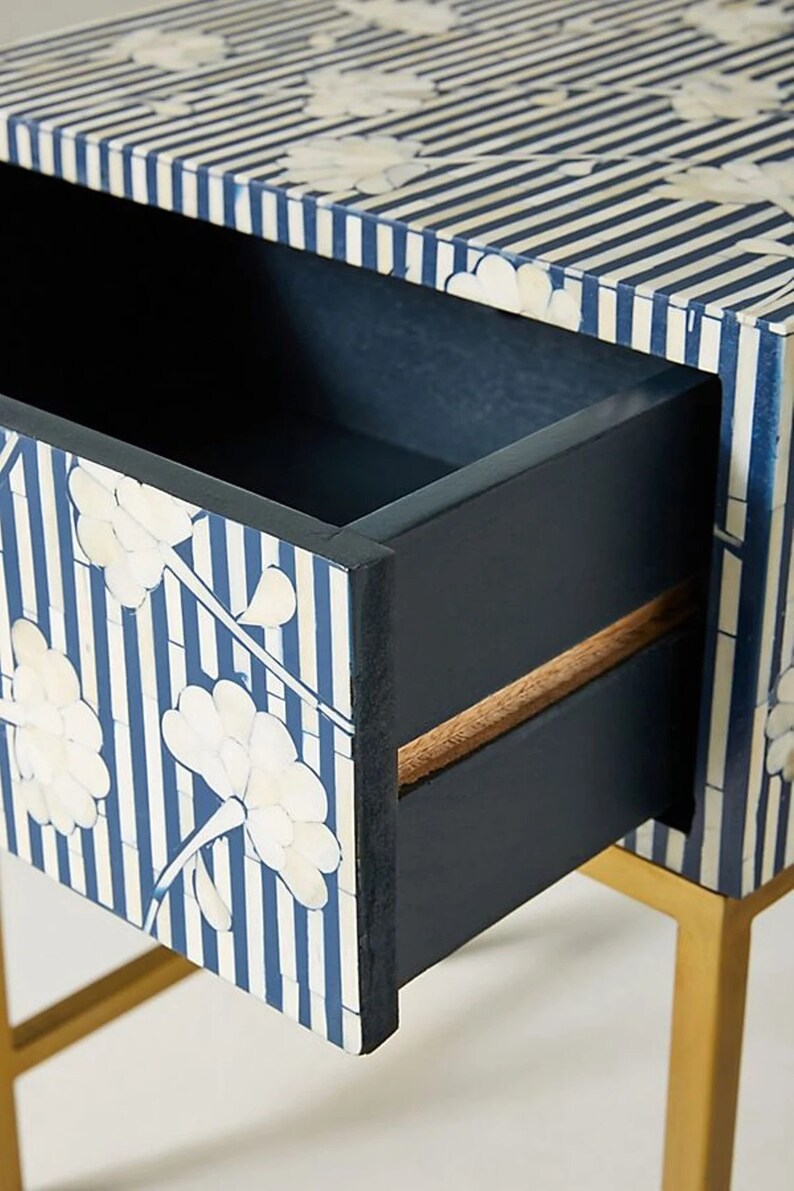 Bone Inlay Motif Design Bedside Table Indigo Blue Bone Inlay - Etsy
