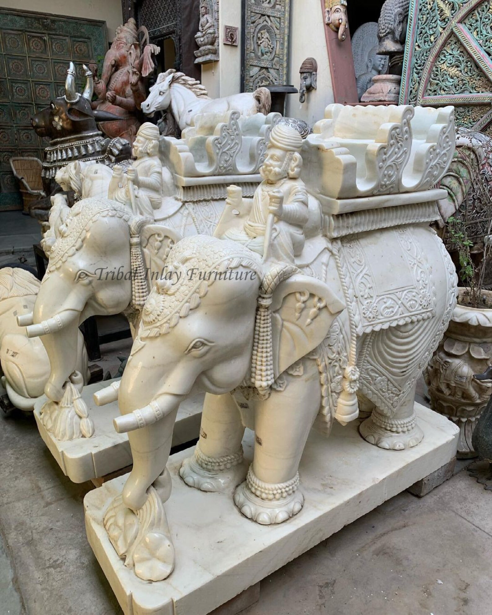Handcarved Marble Elephant and Mahawat Set of 2, Marble Elephant ...