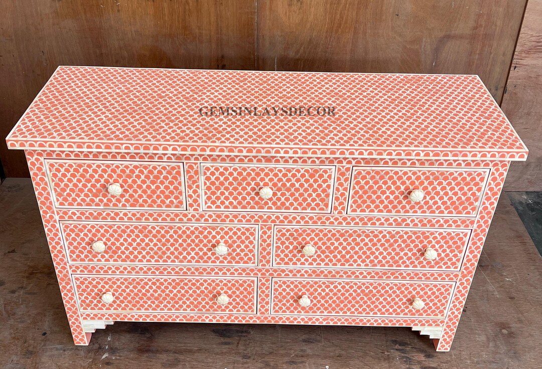 Bone Inlay Fish-scale Design 7 Drawers Chest Orange, Bone Inlay Fish ...