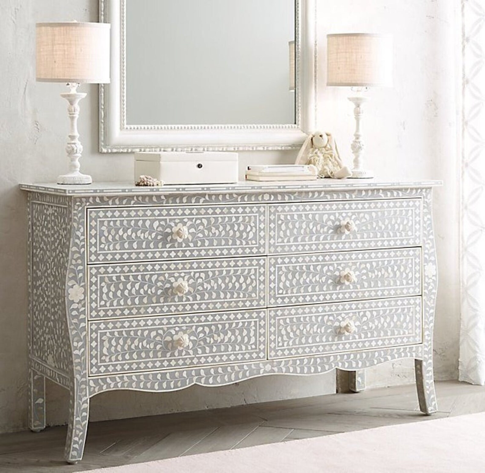 Bone Inlay Floral Design 6 Drawers Chest Grey Bone Inlay - Etsy