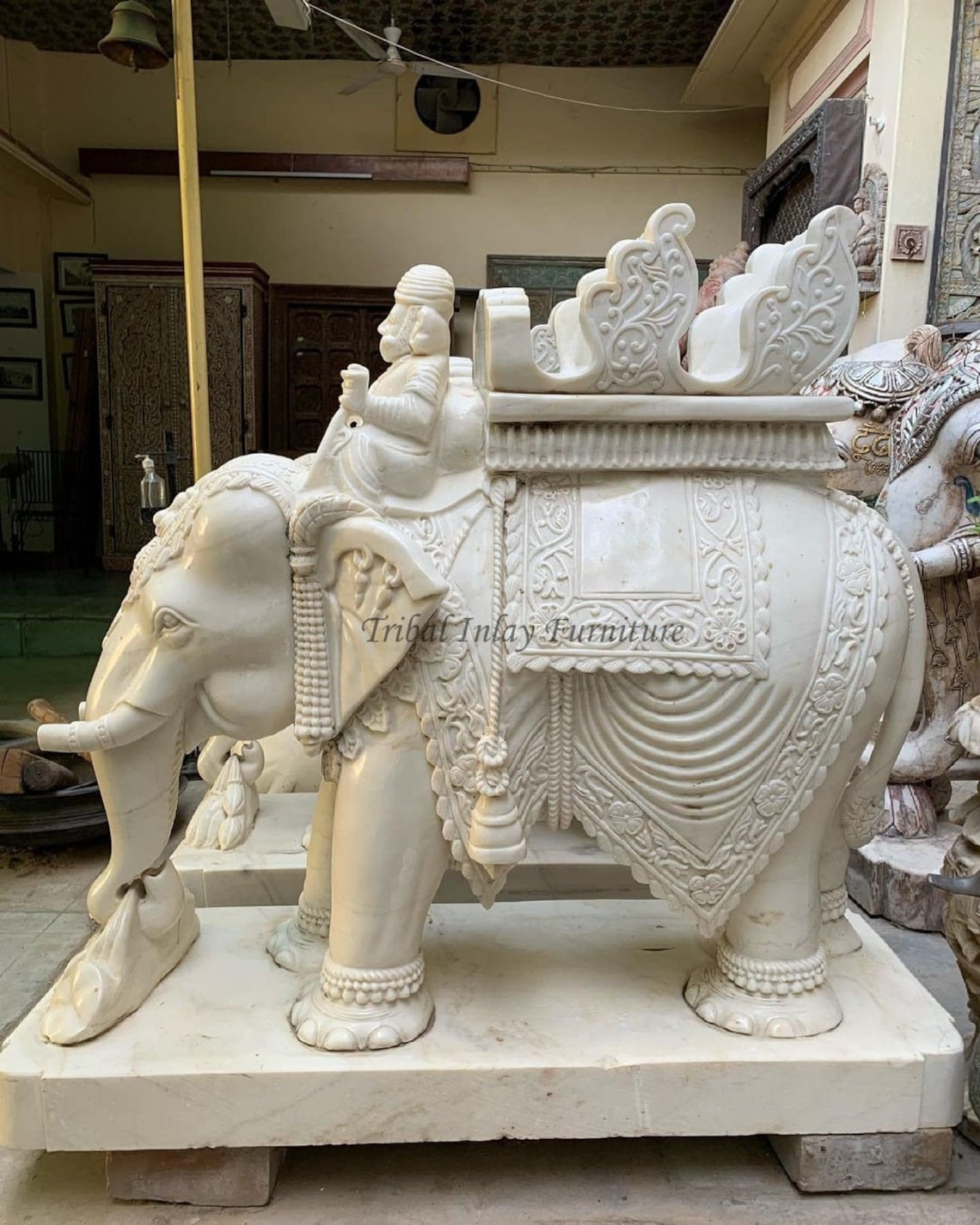 Handcarved Marble Elephant and Mahawat Set of 2, Marble Elephant ...