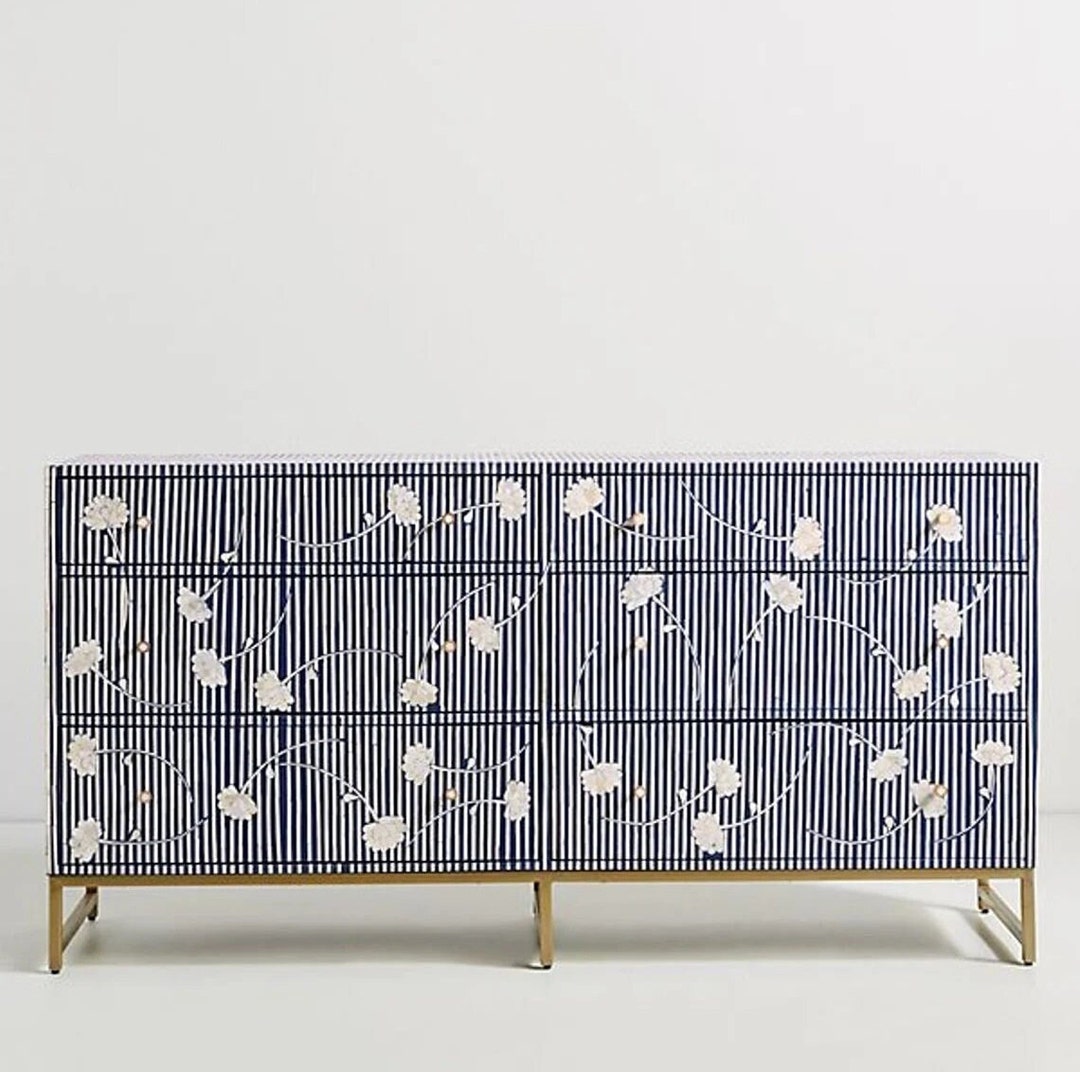 Bone Inlay Motif Design Chest of 6 Drawers Indigo Blue, Bone Inlay ...