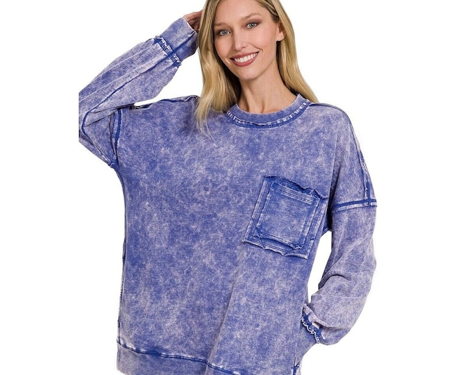 Zenana the Cool Pullover Acid Washed With Raw Edge Seams Blueberry TTW ...