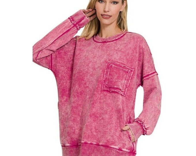 Zenana the Cool Pullover Acid Washed With Raw Edge Seams Ash Pink TTW ...