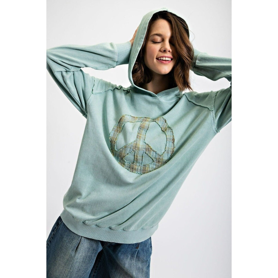 Easel Peacemaker Washed Terry Knit Pullover Hoodie in Seafoam ET22682 ...
