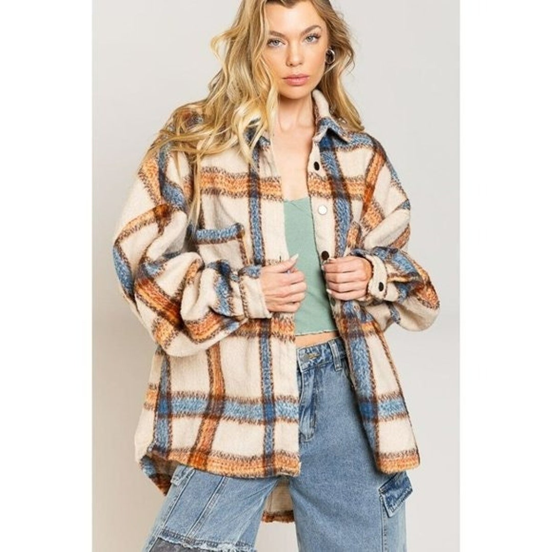 Pol Clothing Beige Plaid Shacket Fall Winter Relaxed Oversized Fit S-L ...