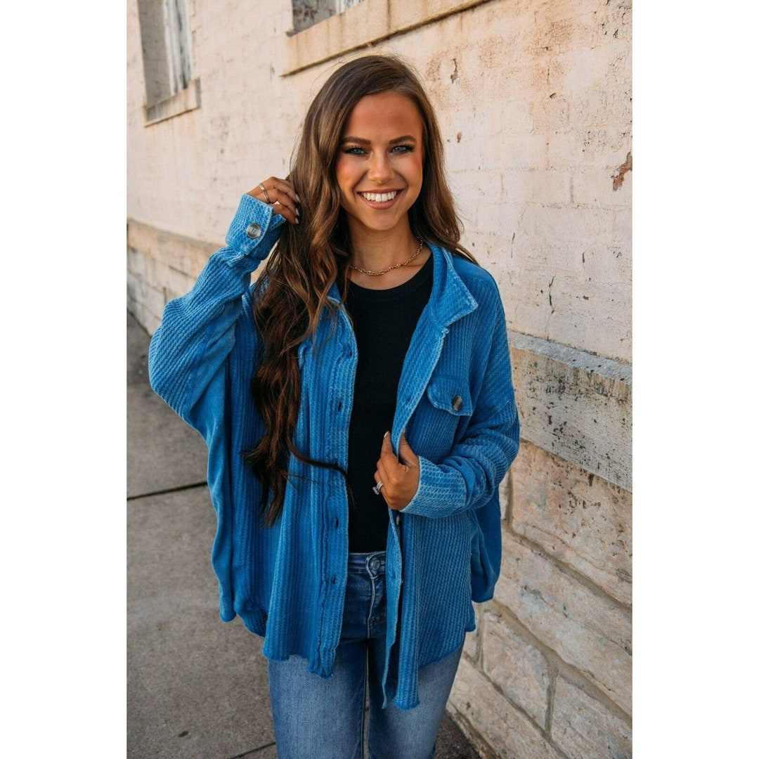 Zenana Meet U There Cotton Waffle Acid Wash Oversized Shacket Ocn. Blue ...