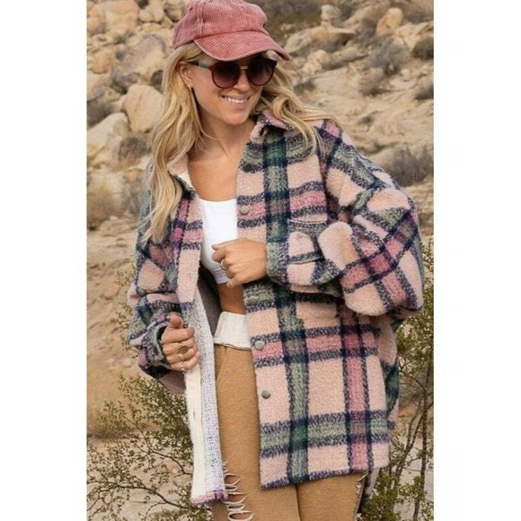 Pol Clothing Pink Plaid Shacket Fall Winter Relaxed Oversized - Etsy