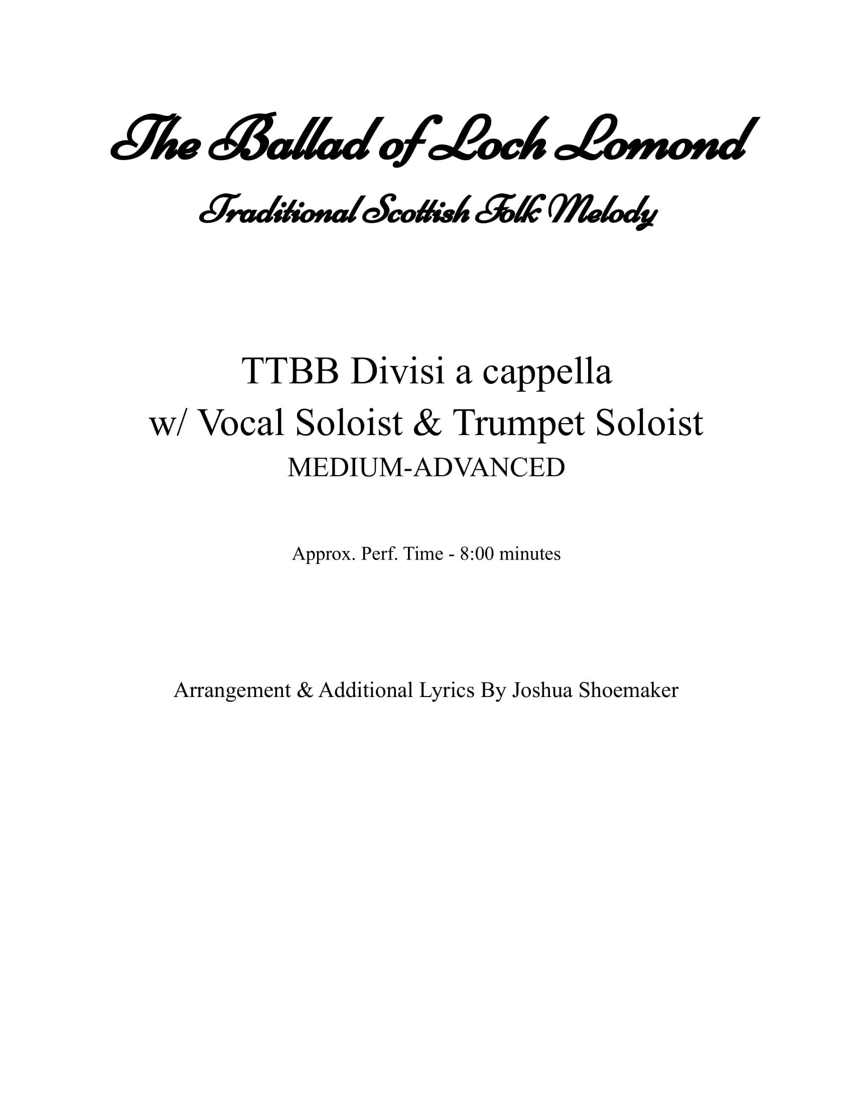 The Ballad of Loch Lomond TTBB a capella w/ vocal & trumpet | Etsy