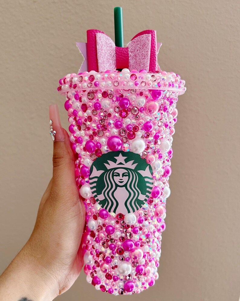 White & Pink Pearl Bling Starbucks Cold Cup Tumbler Bow - Etsy