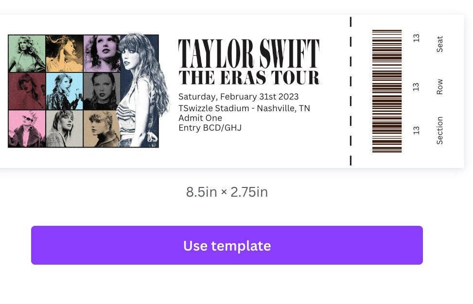 Taylor Swift The Eras Tour 2023 Customizable Ticket Template Swiftie 